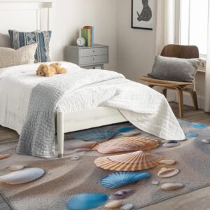 Beach Theme Rug & Home Decor - 6x9 Rug, Seashell Rugs for Living Room Bedroom, Coastal Carpet, Washable Non Slip Soft Low Pile Indoor Area Rug & Room Decor