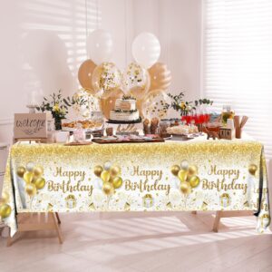 Happy Birthday Tablecloths,Gold and White Birthday Party Decorations 3pcs Gold Confetti Disposable Table Cover for Indoor or Outdoor Girls Boys Women Men’s 21st 30th 50th Birthday Party