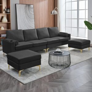 ijuicy u-shaped convertible sectional sofa couch,115" linen fabric modular sofa set/6 seater sofa with movable storage ottomans,storage armrest,pillows and cup holders for living room(dark grey)