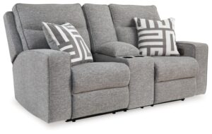 signature design by ashley biscoe casual uv resistant power reclining loveseat with console, adjustable headrest and usb ports, light gray