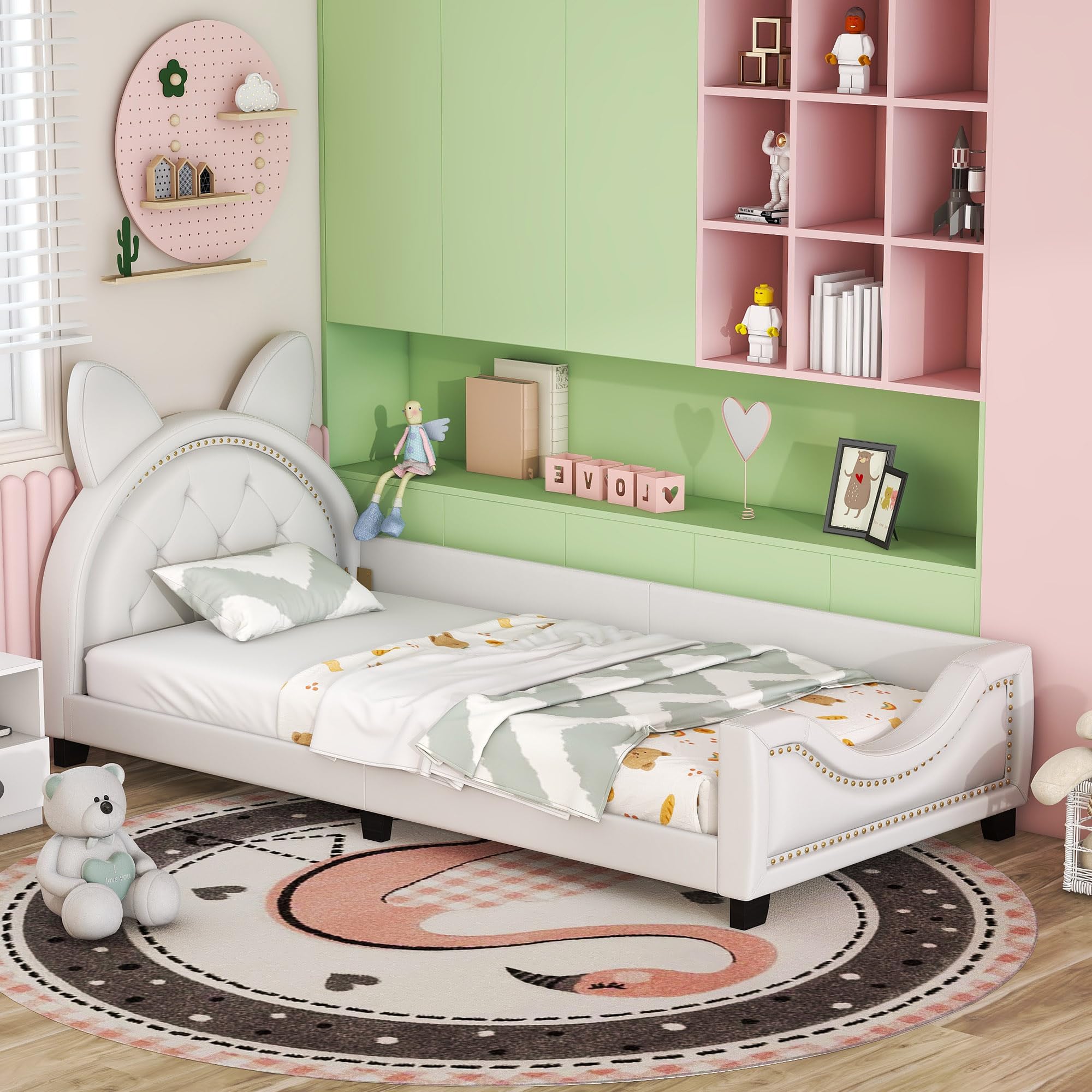 White Upholstered Twin Bed with Ears Shaped Bottom Tufted Headboard, Low Platform Bed Frame with Rails for Kids Girls Boys Teens, PU Leather