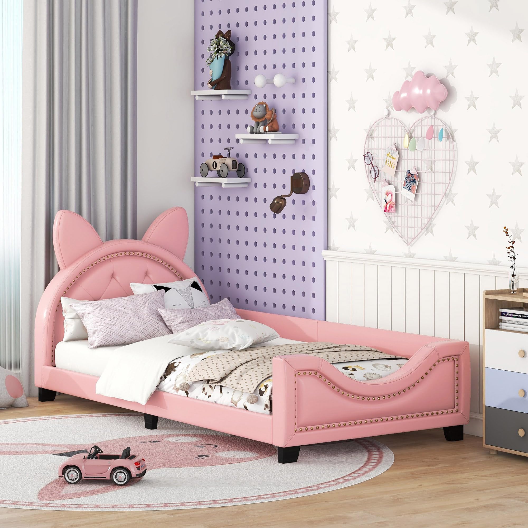 Pink Upholstered Twin Bed with Ears Shaped Bottom Tufted Headboard, Low Platform Bed Frame with Rails for Kids Girls Boys Teens, PU Leather