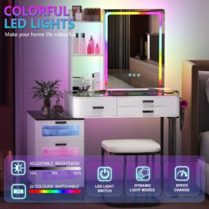 Gurexl RGB Makeup Vanity Desk with Wireless Charging Station,7 Dynamic and 7 Static Dimmable Vanity Table with Visible Glass Top, Dream Make up Vanity with Mirror and Lights, Stool, 6 Drawers