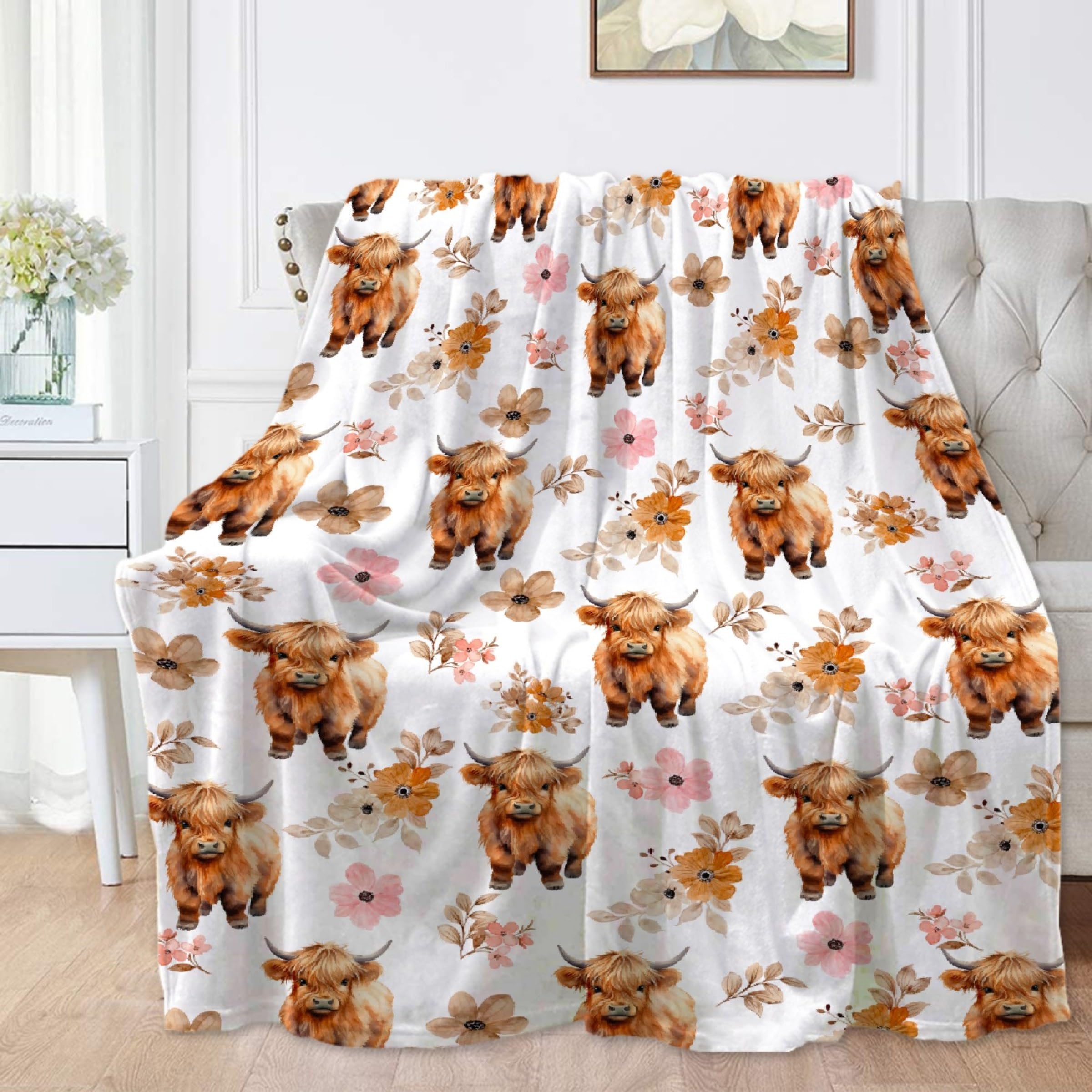 Highland Cow Flowers Blanket for Boys Girls, Cute Highland Cow Kids Throw Blanket Gift for Child, Fluffy Cozy Soft Lightweight Blankets for Bed Office, 40x50 Inches