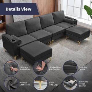 ijuicy U-Shaped Convertible Sectional Sofa Couch,115" Linen Fabric Modular Sofa Set/6 Seater Sofa with Movable Storage Ottomans,Storage Armrest,Pillows and Cup Holders for Living Room(Dark Grey)