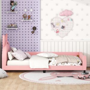 Pink Upholstered Twin Bed with Ears Shaped Bottom Tufted Headboard, Low Platform Bed Frame with Rails for Kids Girls Boys Teens, PU Leather