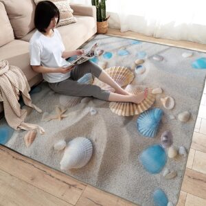 Beach Theme Rug & Home Decor - 6x9 Rug, Seashell Rugs for Living Room Bedroom, Coastal Carpet, Washable Non Slip Soft Low Pile Indoor Area Rug & Room Decor