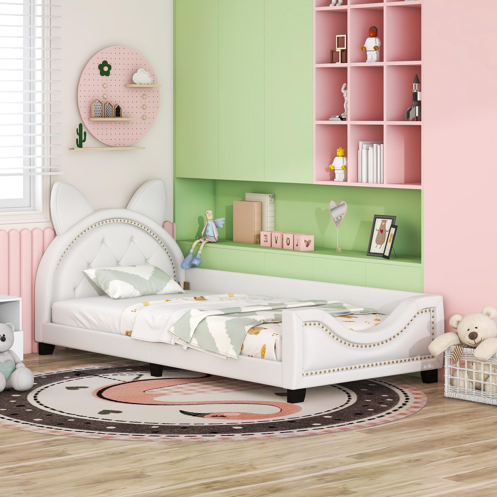 White Upholstered Twin Bed with Ears Shaped Bottom Tufted Headboard, Low Platform Bed Frame with Rails for Kids Girls Boys Teens, PU Leather