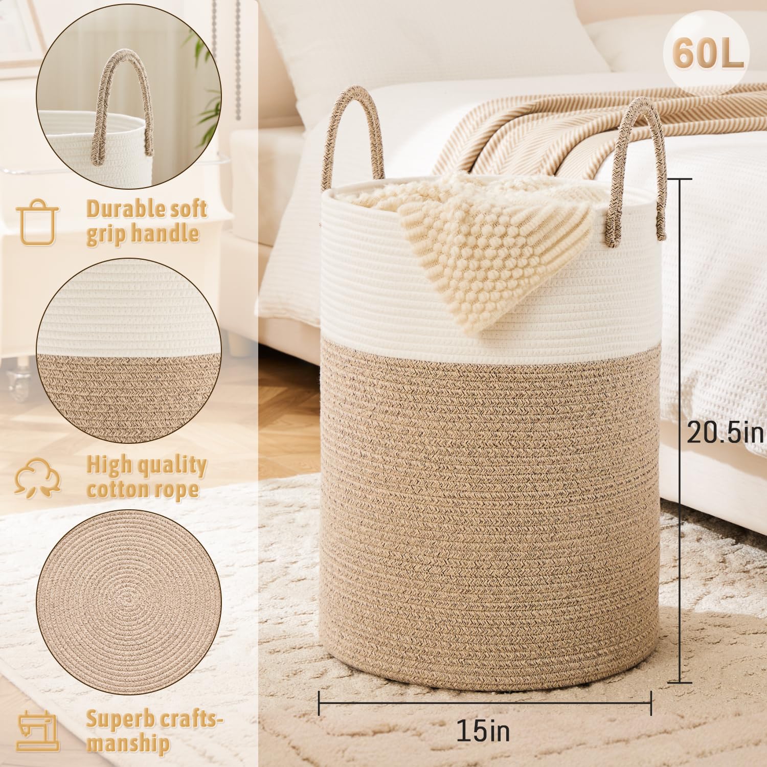 Artfeel Laundry Basket,Woven Cotton Rope Laundry Hamper,60L for Decor Storage of Dirty Clothes,Toys and Blankets in Bathroom,Baby Room and Living Room