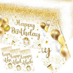 happy birthday tablecloths,gold and white birthday party decorations 3pcs gold confetti disposable table cover for indoor or outdoor girls boys women men’s 21st 30th 50th birthday party