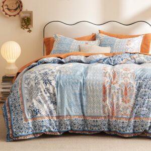 bedsure cotton duvet cover queen size - 100% cotton reversible bohemian blue duvet cover set with zipper, paisley patterned bedding comforter cover, 1 duvet cover 90"x90" and 2 pillow shams 20"x26"