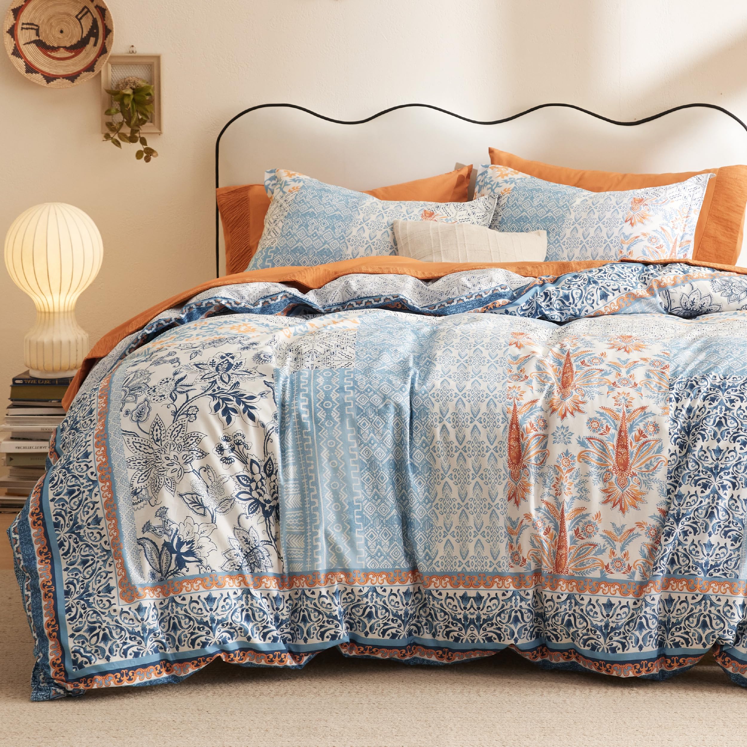 Bedsure Cotton Duvet Cover Queen Size - 100% Cotton Reversible Bohemian Blue Duvet Cover Set with Zipper, Paisley Patterned Bedding Comforter Cover, 1 Duvet Cover 90"x90" and 2 Pillow Shams 20"x26"