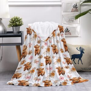 Highland Cow Flowers Blanket for Boys Girls, Cute Highland Cow Kids Throw Blanket Gift for Child, Fluffy Cozy Soft Lightweight Blankets for Bed Office, 40x50 Inches