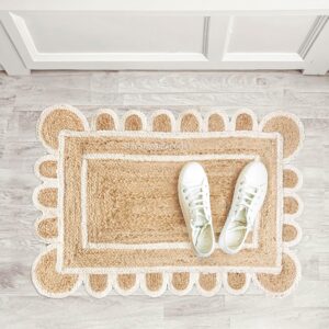 shiv shakti exports white scalloped natural jute area rug, natural base off white trim (2x3 feet / 61x92 cm)