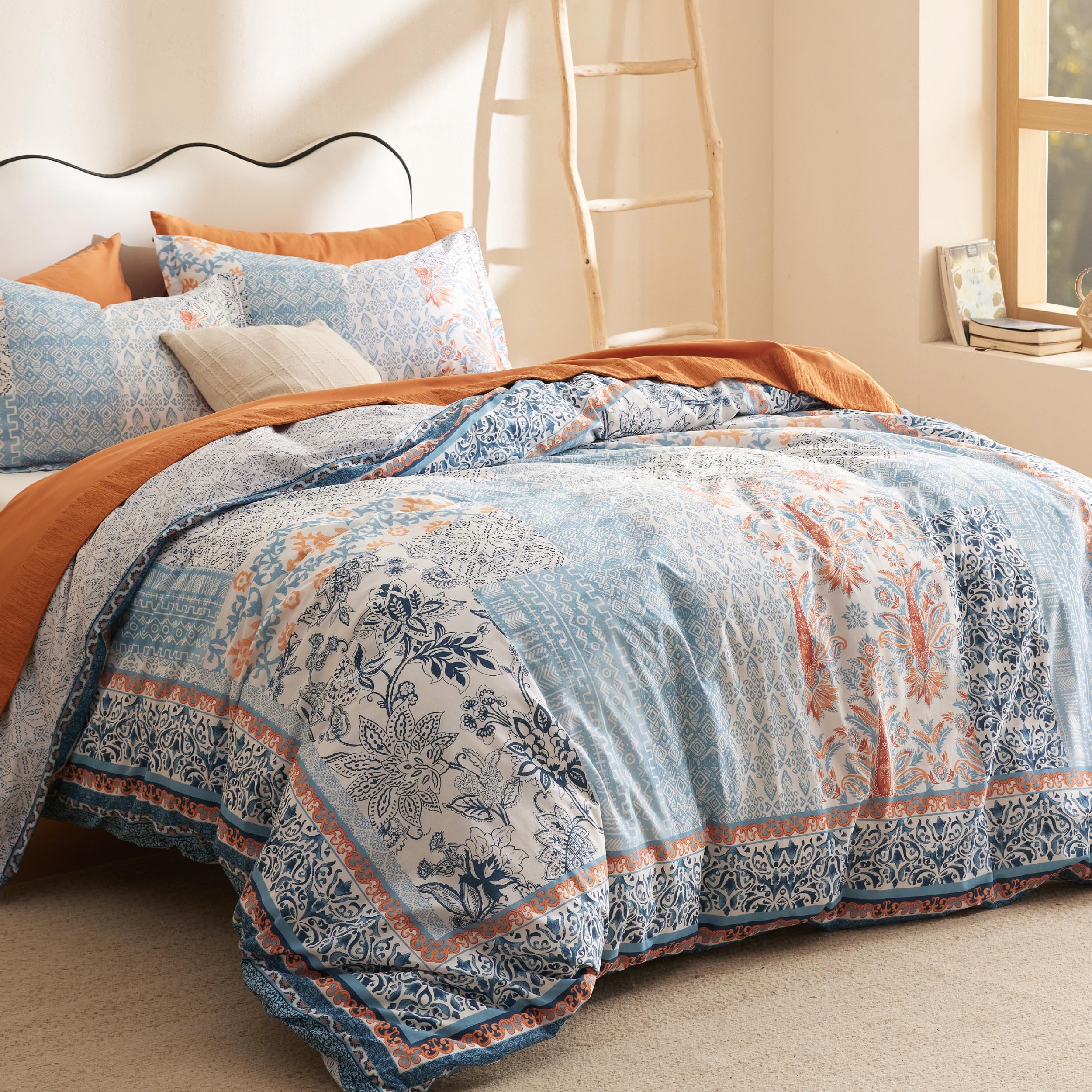 Bedsure Cotton Duvet Cover Queen Size - 100% Cotton Reversible Bohemian Blue Duvet Cover Set with Zipper, Paisley Patterned Bedding Comforter Cover, 1 Duvet Cover 90"x90" and 2 Pillow Shams 20"x26"