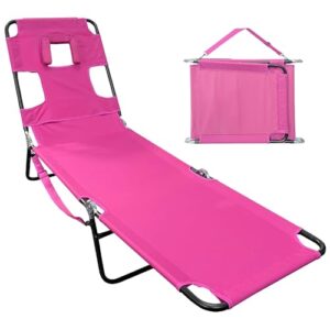 face down tanning chaise lounge chair - face & arm holes - 2 legs support - polyester material – backrest positions - head rest pillow - beach or home use - read and tan - pink stripes pattern