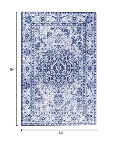 OHWPEAT 5x7 Feet Boho Vintage Living Room Area Rug, Lightweight Non-Shedding Carpet, Hardwearing Stain-Resistant Machine Washable, Non-Slip Rug for Bedroom Office Dining Room Kids Room, Blue Rugs