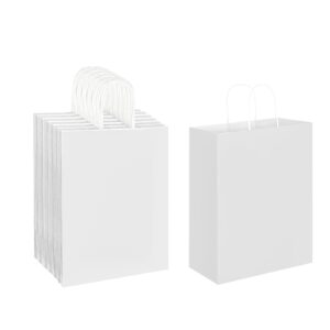 oikss 50 pack 10x5x13 white kraft paper bags with handles bulk for birthday party favors grocery retail shopping business goody recycled craft gift bags (large size, 50 count)