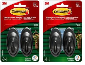 command outdoor medium terrace hooks, black, 3 lb capacity, water-resistant strips, 2-hooks, 4-strips, decorate damage-free (pack of 2)