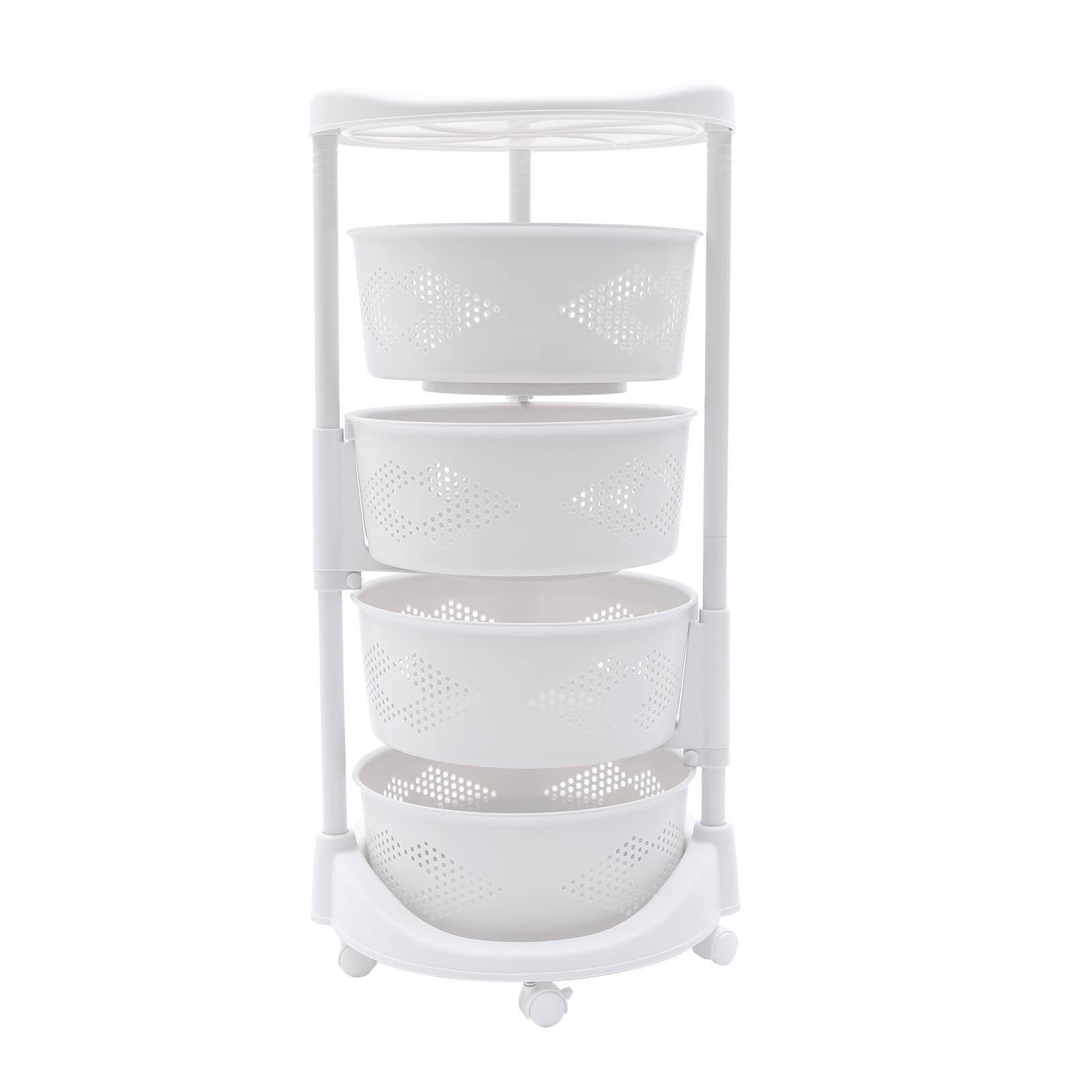 SAHUANIYE Rotating Storage Rack, 4-Tier Rotating Fruit Basket Racks for Kitchen, Movable Vegetable Storage Shelf Cart with Wheels, Floor Standing 360° Rotation Organizer for Potato & Onion (White)