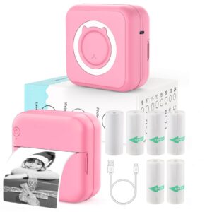 fernuenx portable wireless printer mini pocket bluetooth thermal printers with 5 rolls printing paper compatible with android ios iphone for label receipt photo notes and memos (pink)