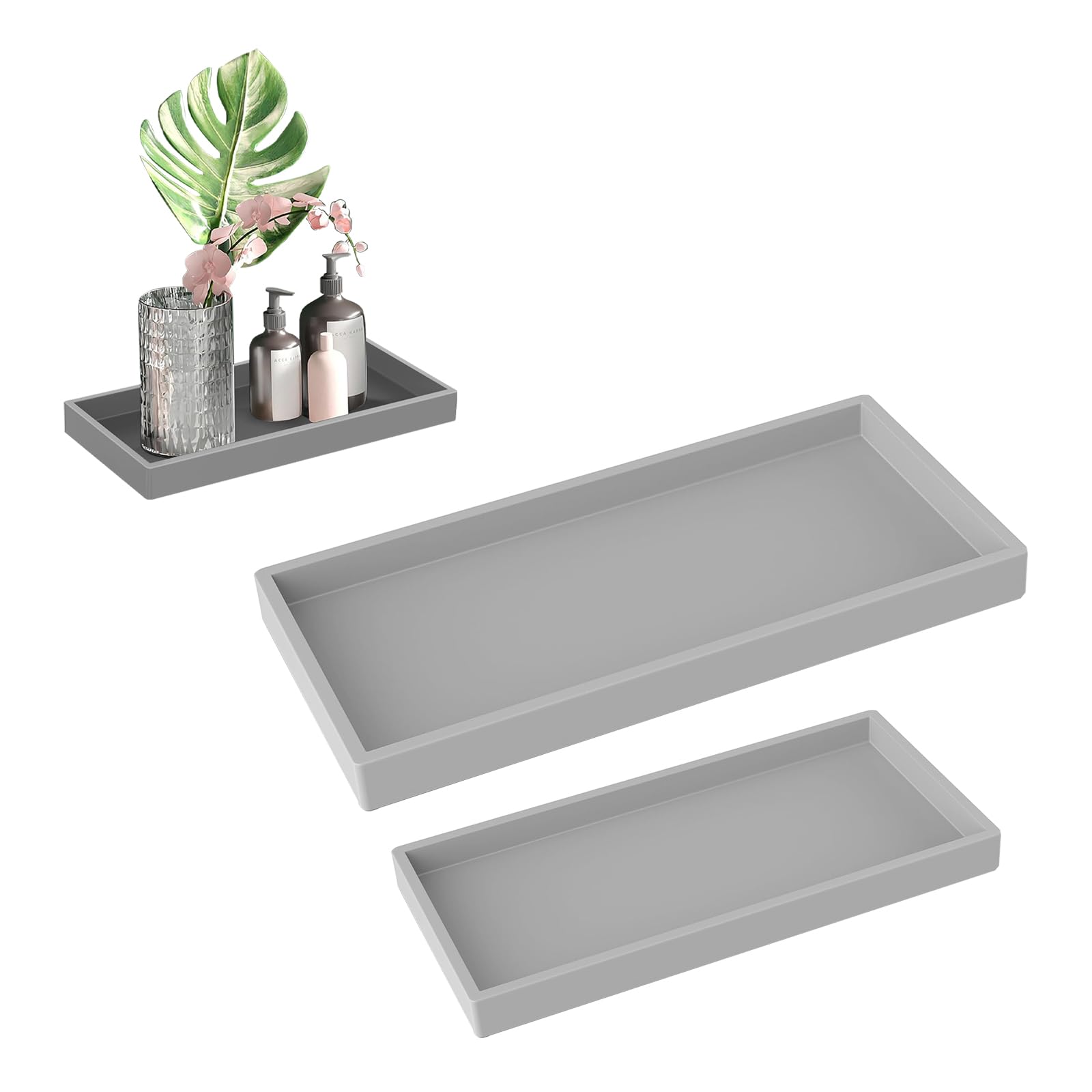 Countertop and Vanity Tray, 2 Pack (9.7" and 11.9") Bathroom Vanity Tray, Soap Dispenser Tray for Bathroom Countertop, Shatterproof Durable Rectangle Bathroom Tray, Grey Bathroom Tray