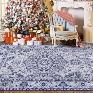 OHWPEAT 5x7 Feet Boho Vintage Living Room Area Rug, Lightweight Non-Shedding Carpet, Hardwearing Stain-Resistant Machine Washable, Non-Slip Rug for Bedroom Office Dining Room Kids Room, Blue Rugs