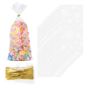 fopinoa snowflake cellophane bags, 120pcs clear christmas treat bags snowflake goodie bags with 150 twist ties for christmas party supplies