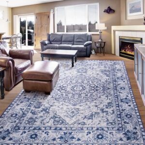 OHWPEAT 5x7 Feet Boho Vintage Living Room Area Rug, Lightweight Non-Shedding Carpet, Hardwearing Stain-Resistant Machine Washable, Non-Slip Rug for Bedroom Office Dining Room Kids Room, Blue Rugs