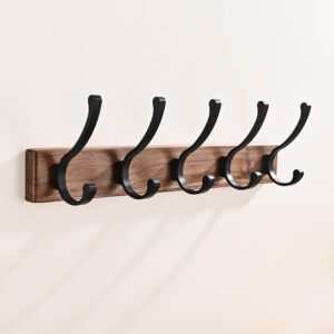 lechyn 17.3" small wooden coat rack wall mount with 5 hooks, entryway wall hooks coat hanger for hanging towel jacket clothes hat backpack shoe purse key holder multi hook rail by black walnut wood