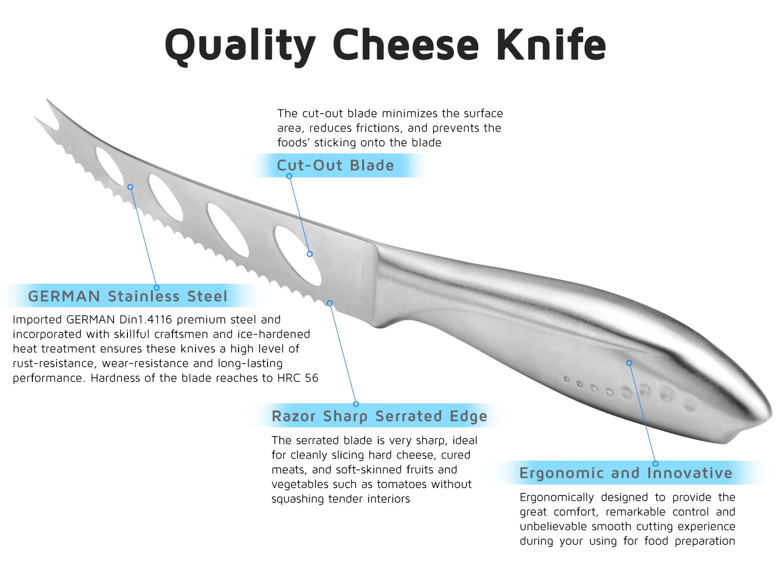 WELLSTAR Cheese Knife, Serrated Tomato Knife 5 Inch Sharp High Carbon Stainless Steel Blade for Cutting All Cheese Types – Silver