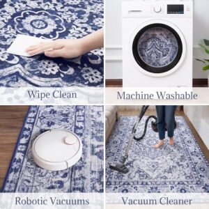 OHWPEAT 5x7 Feet Boho Vintage Living Room Area Rug, Lightweight Non-Shedding Carpet, Hardwearing Stain-Resistant Machine Washable, Non-Slip Rug for Bedroom Office Dining Room Kids Room, Blue Rugs