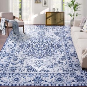 ohwpeat 5x7 feet boho vintage living room area rug, lightweight non-shedding carpet, hardwearing stain-resistant machine washable, non-slip rug for bedroom office dining room kids room, blue rugs