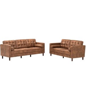 Lesofair Two Pieces Faux Leather Sofa Set with Bolster Pillows,Tufted 3-seat Sofa and Loveseat Couch with Wooden Legs, Upholstered Living Room Set for Living Room, Office, Brown