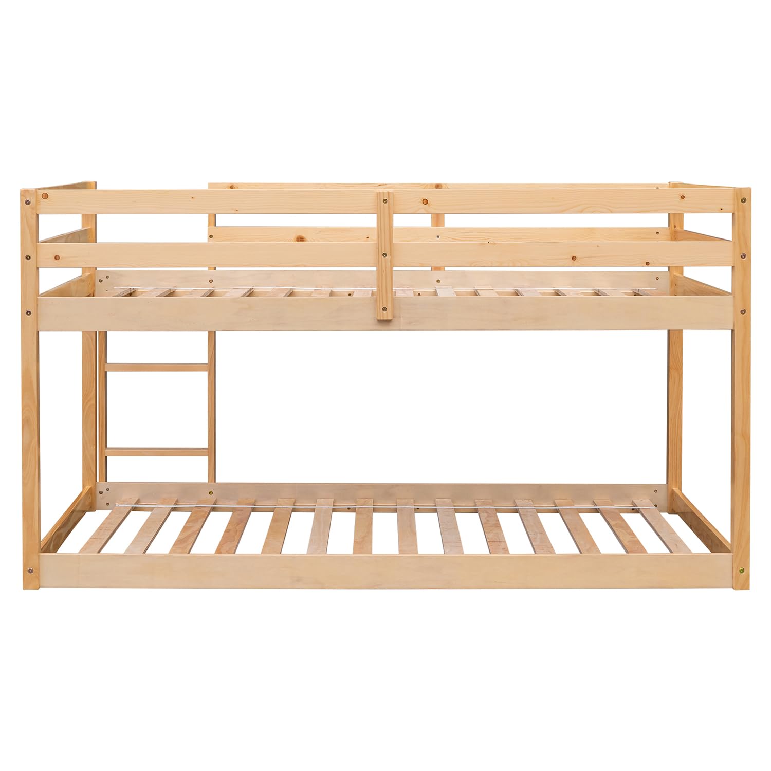 CNANXU Twin Low Bunk Bed,Twin Loft Bed with Ladder for Boys and Girls, Wood Loft Bed Twin Over Twin Bunk Bed Frame with Full Length Guardrail Multifunctional Design,Wooden Slat Support (Natural)