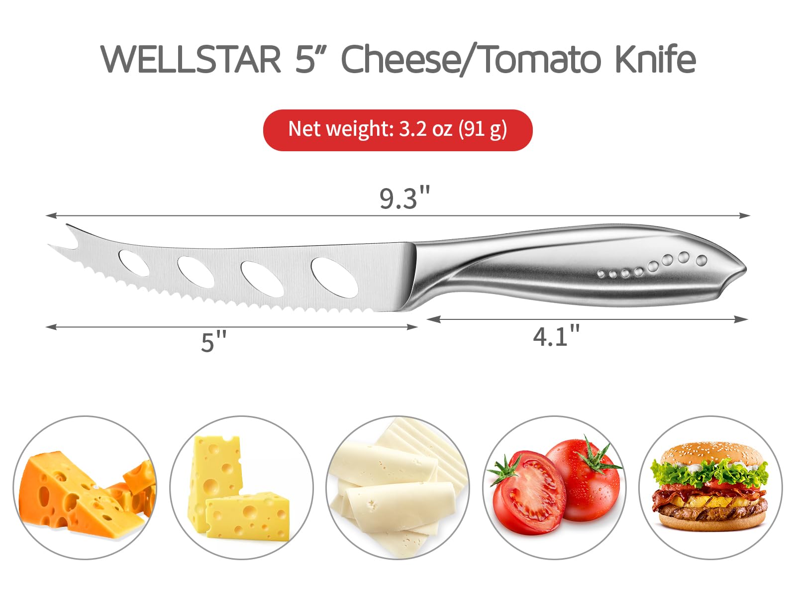 WELLSTAR Cheese Knife, Serrated Tomato Knife 5 Inch Sharp High Carbon Stainless Steel Blade for Cutting All Cheese Types – Silver