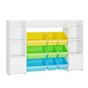 FOTOSOK 55'' Large Toy Storage Organizer with 9 Toy Bins, Toy Organizers and Storage with Shelf and 6 Storage Cubbies, Bookshelf, Playroom Organization and Storage Bins, Yellow/Green/Blue