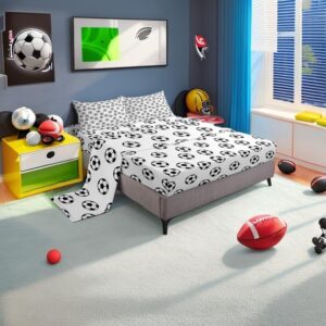 Soccer Kids Sheet Full Size,Ball Sports Games Competition Bedding Set,Girls Boys Adults Room Decor,American Football Cartoon Black White Unique Bed Sheet Set 4pcs(Fitted + Flat + 2 Pillowcases)