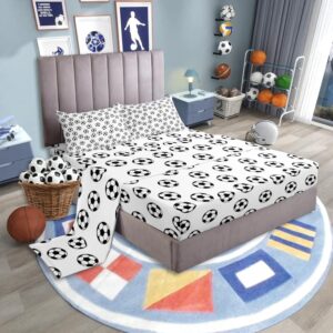 soccer kids sheet full size,ball sports games competition bedding set,girls boys adults room decor,american football cartoon black white unique bed sheet set 4pcs(fitted + flat + 2 pillowcases)