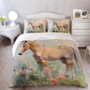 shompe girls horse comforter sets full size,retro floral bedding wild animal galloping horse quilt sets for kids teens 3 pieces sets with pillowcases bedroom decor