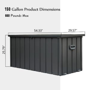 Domi 150 Gallon Outdoor Storage Deck Box Waterproof, Large Patio Storage Bin for Outside Cushions, Throw Pillows, Garden Tools, Lockable (Dark Gray)