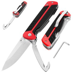 yimai pocket knife, multipurpose folding knife with serrated blade and seatbelt cutter - work camping survival hiking gardens trimming pocket knives (hei&hong)