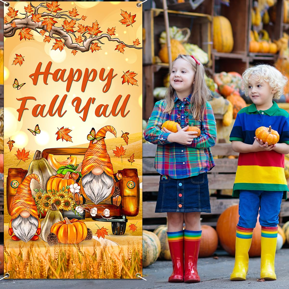 Fall Decorations - Happy Fall Y'all Door Cover Fall Thanksgiving Door Banner Thanksgiving Dwarf Pumpkin Banner Photo Background for Happy Fall Y'all Harvest Party Supplies,Autumn Decorations