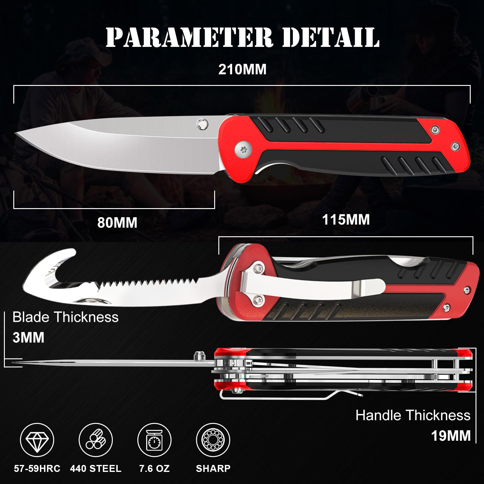 YiMai Pocket Knife, Multipurpose folding knife with Serrated Blade and Seatbelt Cutter - Work Camping Survival Hiking Gardens Trimming Pocket Knives (Hei&Hong)