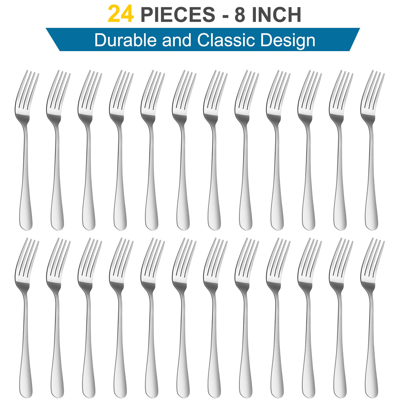 OPOLIA Dinner Forks Set, 24 Pieces Food Grade Stainless Steel Forks Silverware, Classic Elegant Design for Home,Kitchen or Restaurant, Mirror Polished, Dishwasher Safe，8 inch