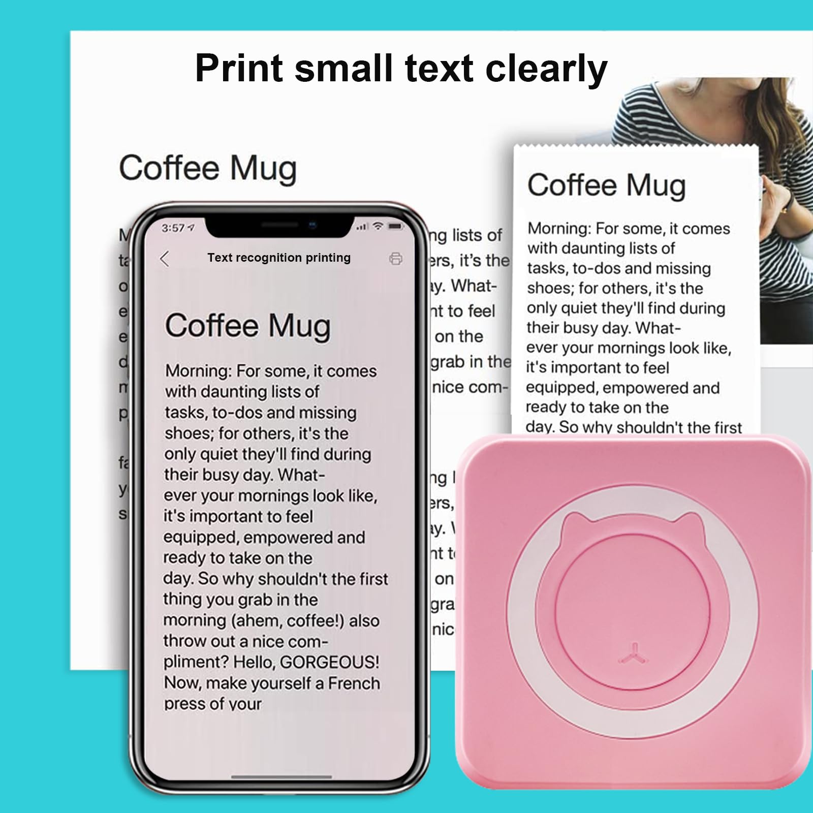 Fernuenx Portable Wireless Printer Mini Pocket Bluetooth Thermal Printers with 5 Rolls Printing Paper Compatible with Android iOS iPhone for Label Receipt Photo Notes and Memos (Pink)