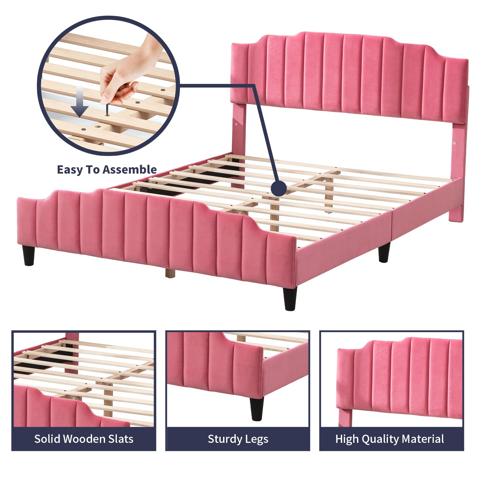 ZAFLY Full Size Bed Frame Kids, Modern Comfortable Pink Princess Bed Frames, Soft Headboard Padding& Wood Slats, Perfect for Girls’Rooms, No Box Spring Necessary (Princess)