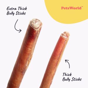 PETSWORLD 12" Thick Bully Sticks (6 Count) - All-Natural, Odor-Free Dog Chews for Large Dogs | Long-Lasting, 100% Digestible Beef Pizzle Treats