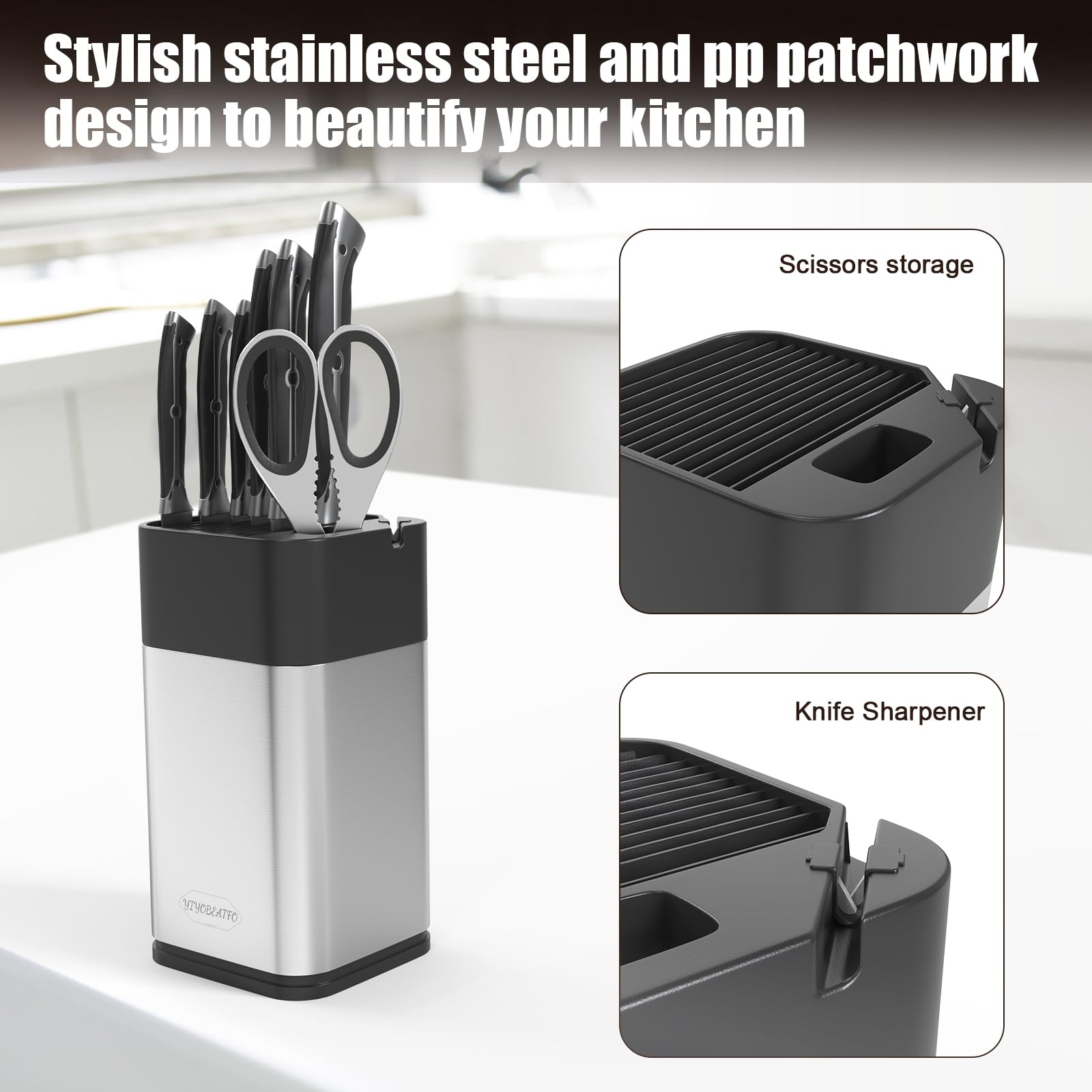 YIYOBEATFO Knife Block Holder,Universal Knife Block Without Knives, Space Saving Knife Storage and Protect Blades, Unique Modern Design with Knife Sharpener and Scissor Slot.