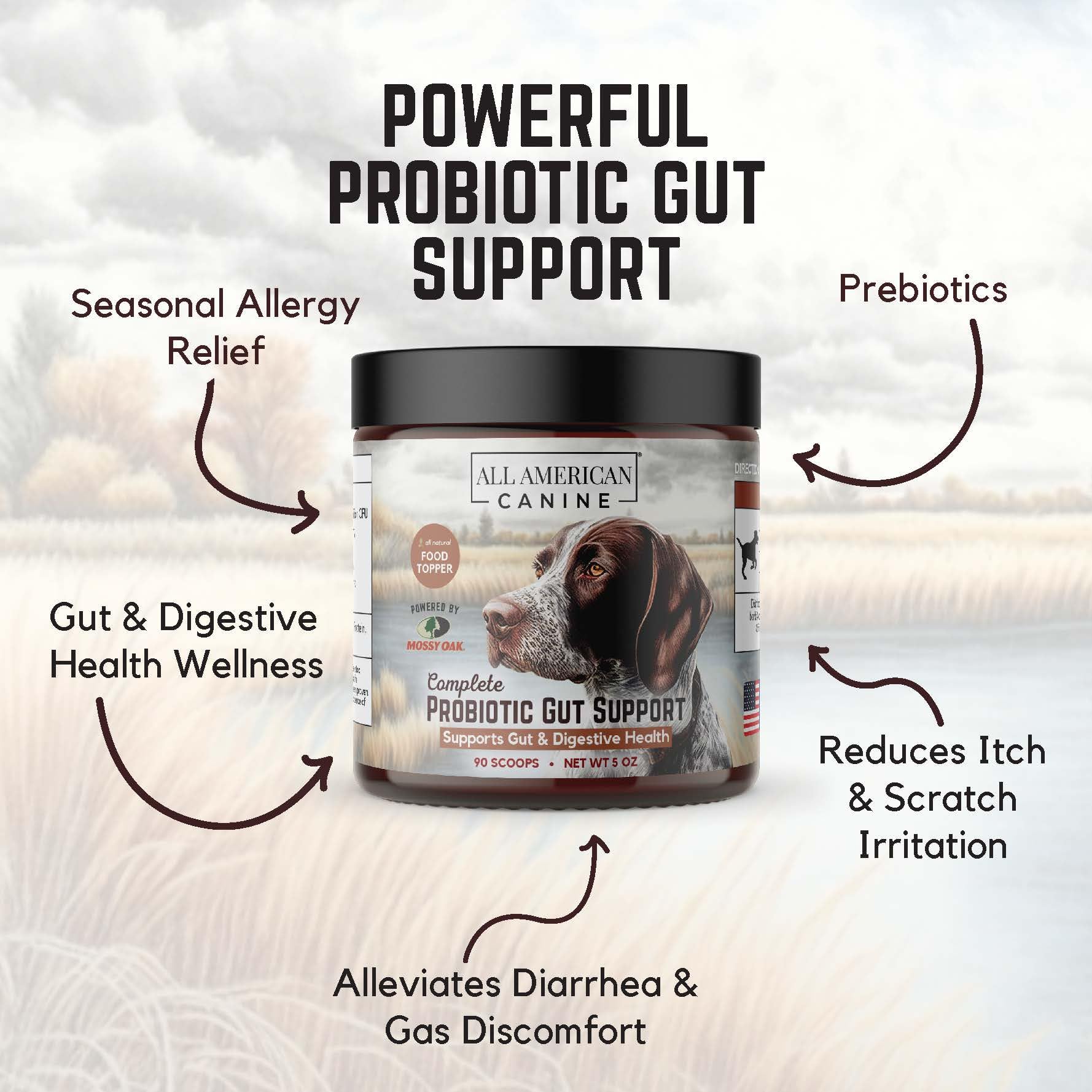 All American Canine Complete Probiotic Gut Support - Prevents Digestive Gut Health, Boosts Immune System - Blend Helps Prevent Digestive Issues Diarrhea, Constipation, & Inflammatory 90 Serving - 5oz